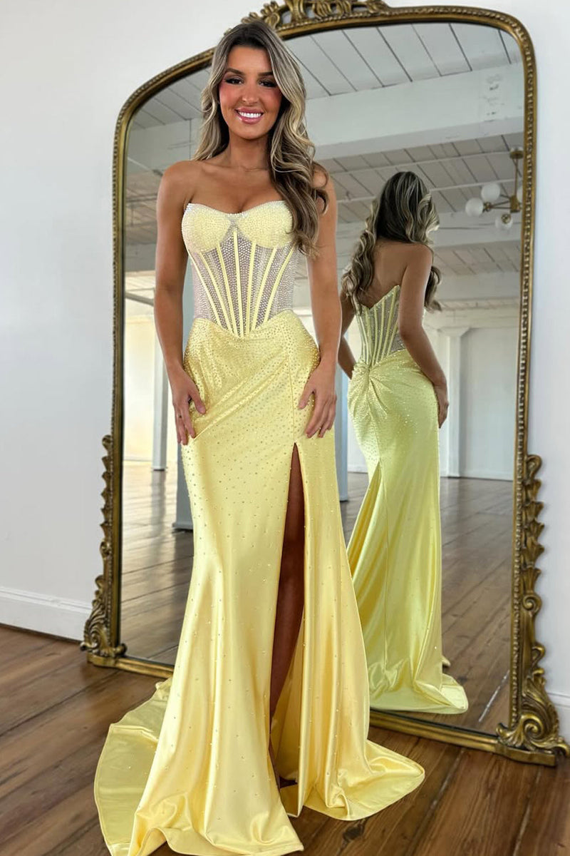 Gorgeous Mermaid Scoop Neck Hof Fix Satin Prom Dress with Slit ...