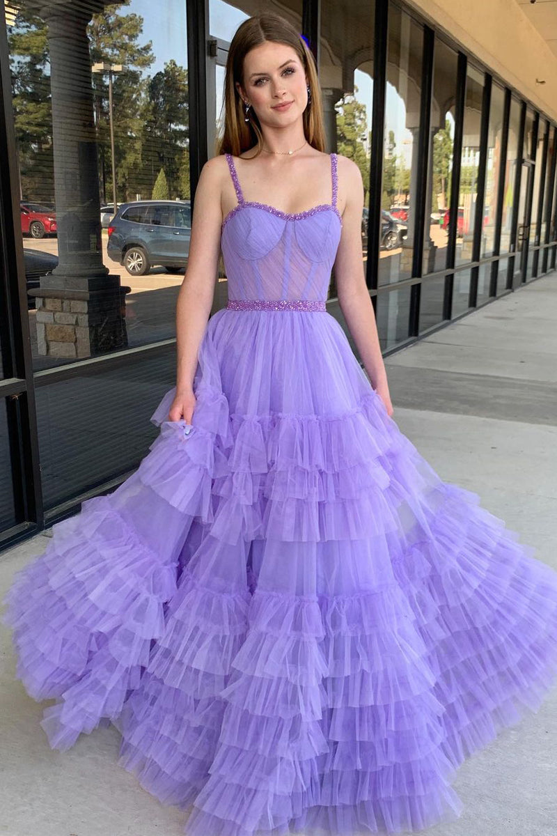 Lilac Sweetheart Ruffle Tulle A-Line Long Prom Dresses with Beading ...