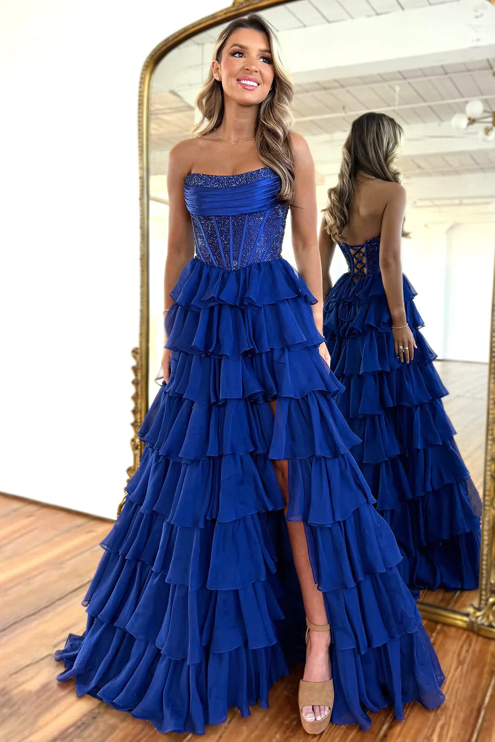 Gorgeous A Line Strapless Daffodial Tiered Chiffon Prom Evening Dresses ...