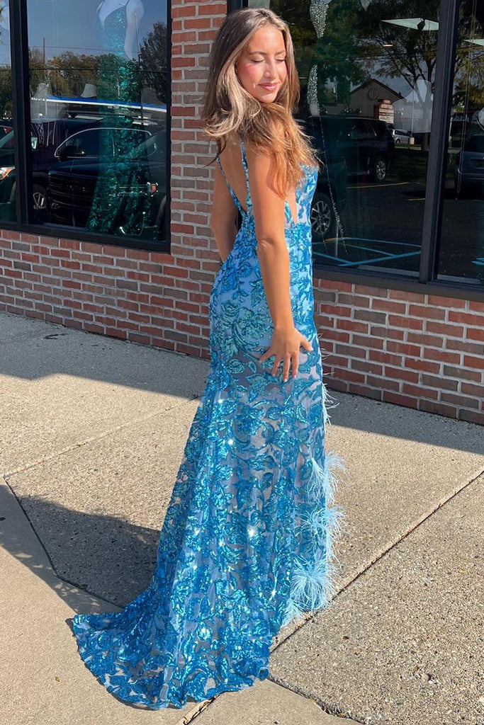 Cute Sheath V Neck Blue Sequin Lace Mermaid Long Prom Dresses with Feather VK24021401 – Vickidress