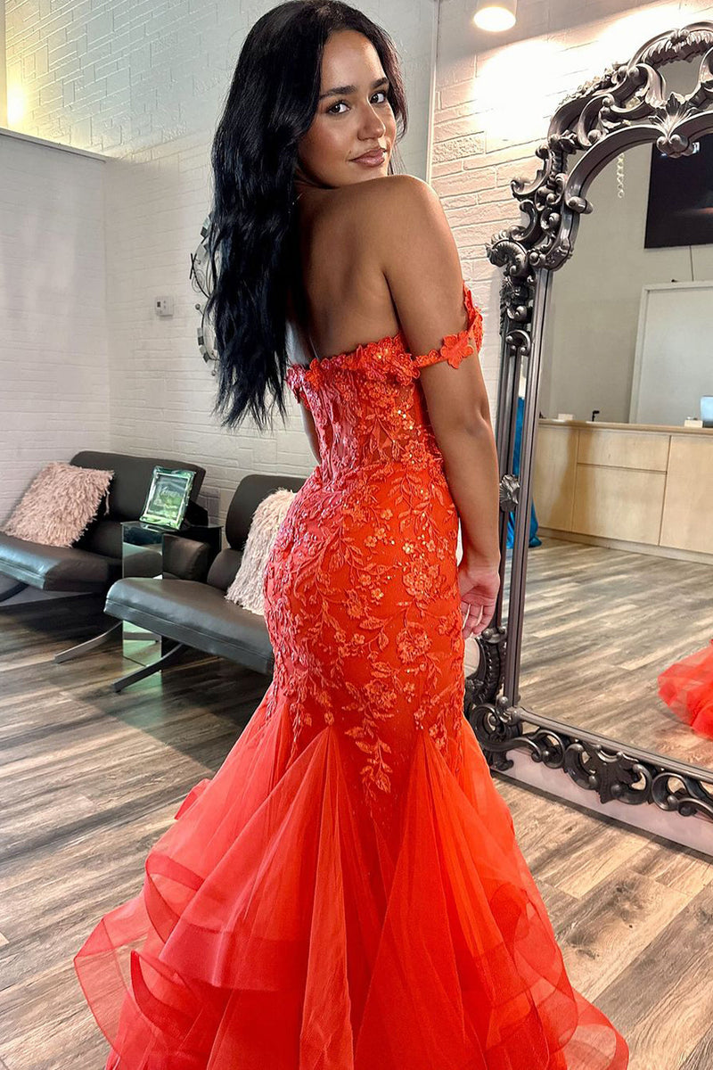 Cute Mermaid Off the Shoulder Orange Lace Long Prom Dresses with Appli ...