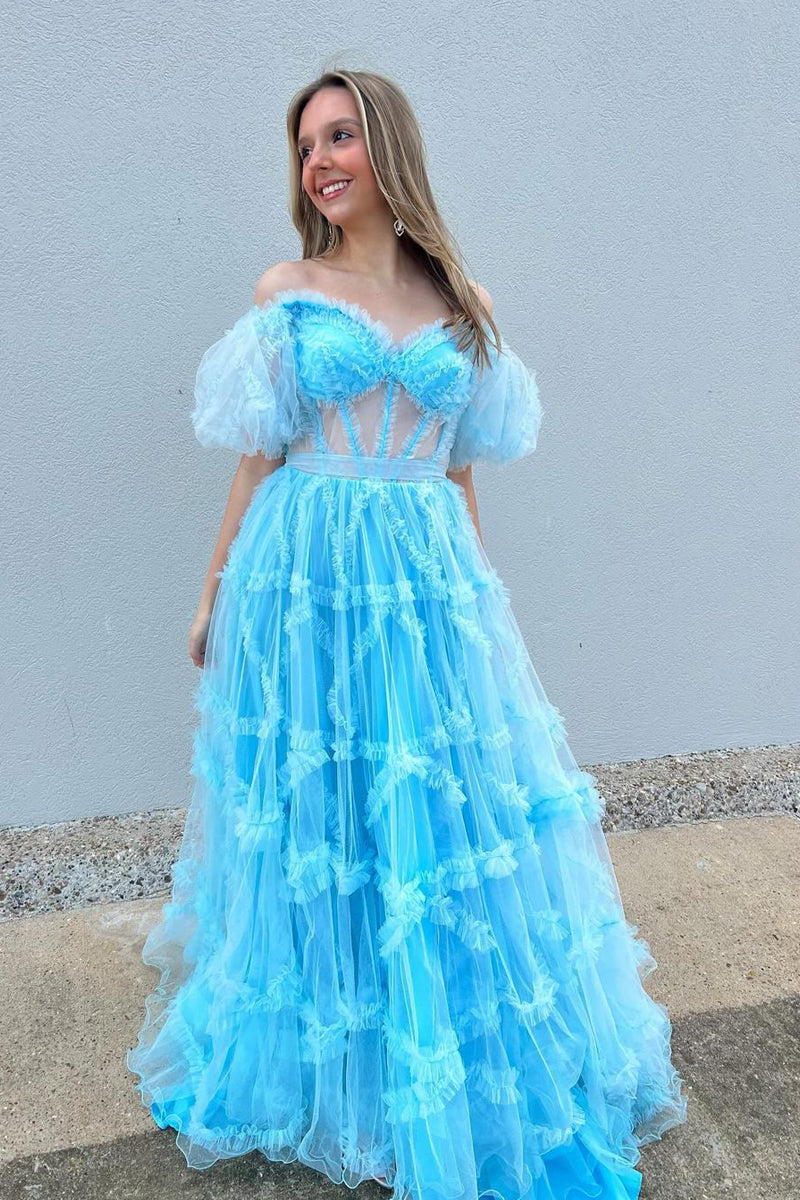 Light Blue Sweetheart Ruffle Tulle Long Prom Dresses VK24031901 ...
