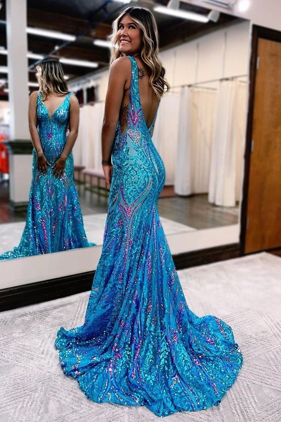 Mermaid V Neck Blue Sequin Lace Long Prom Dresses VK23100607 – Vickidress