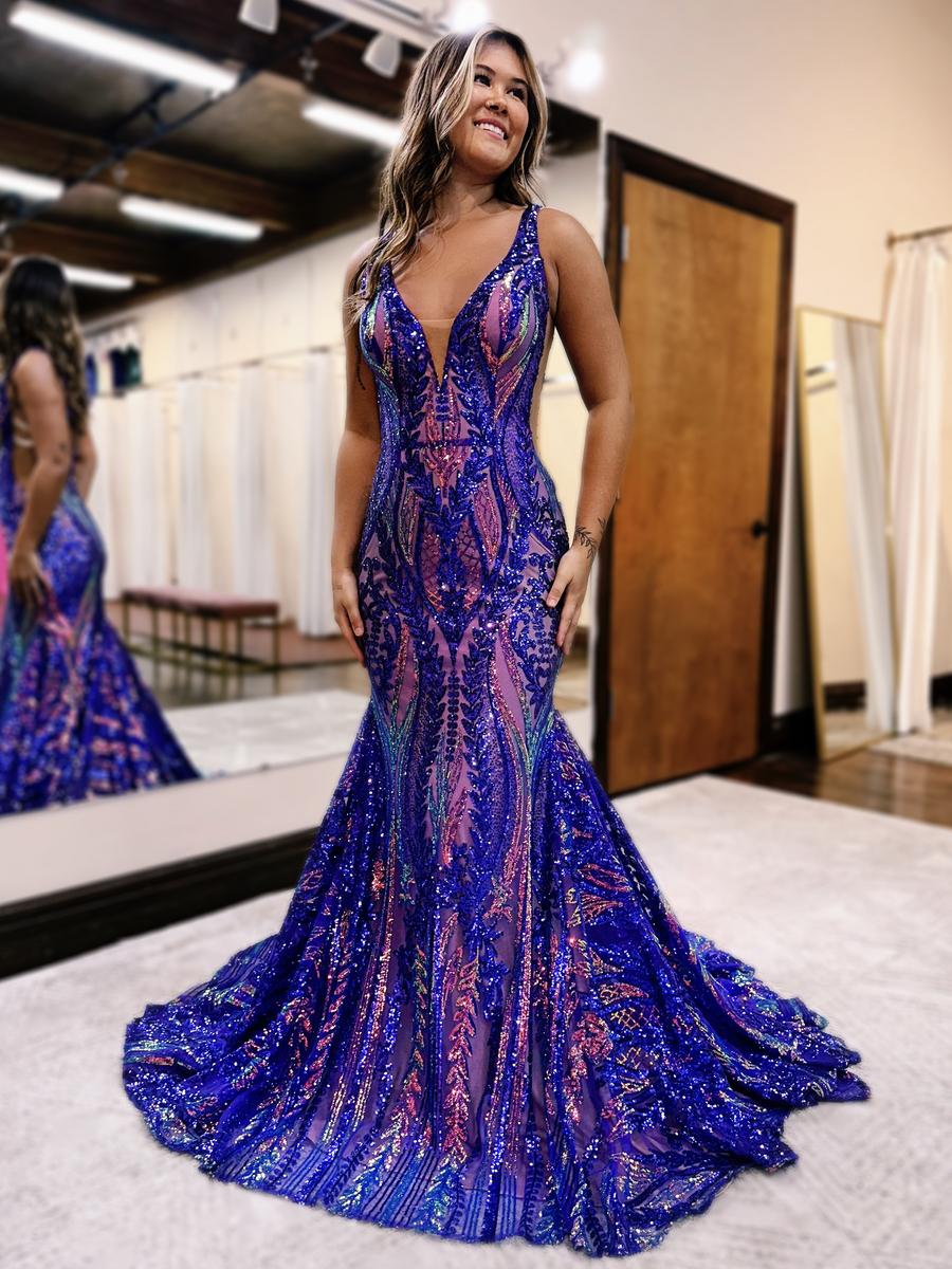 Mermaid V Neck Blue Sequin Lace Long Prom Dresses VK23100607 – Vickidress