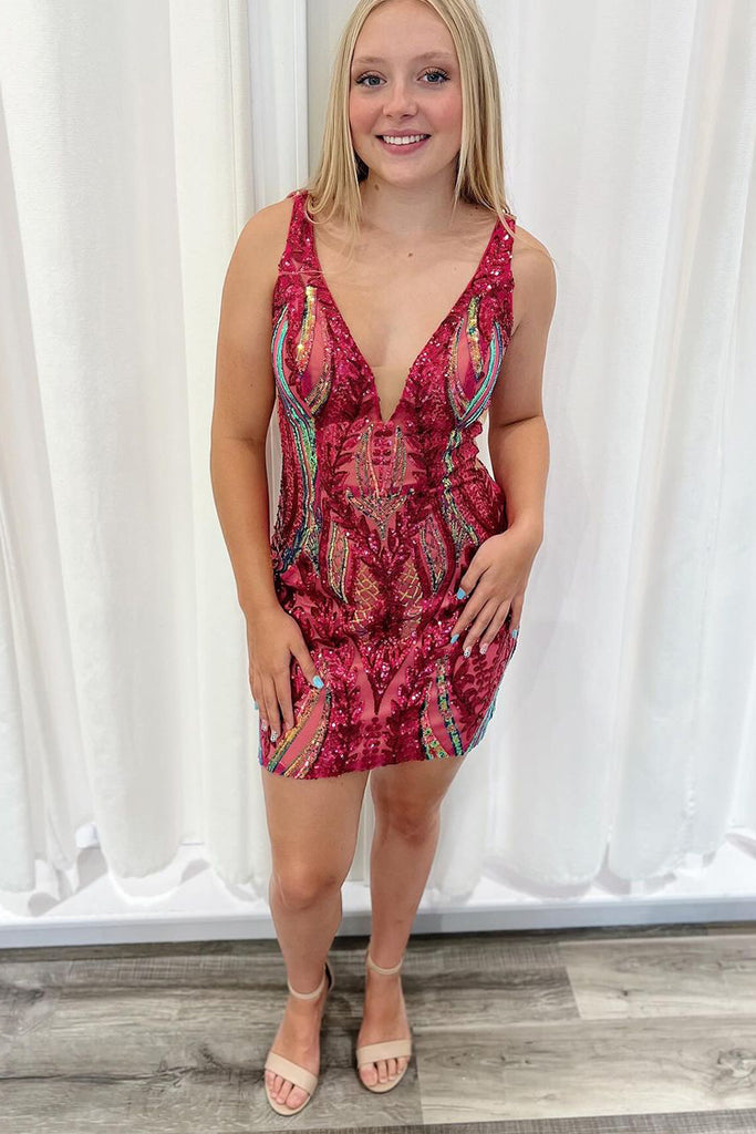 Cute Bodycon V Neck Purple Sequins Lace Bodycon Short Homecoming Dress ...