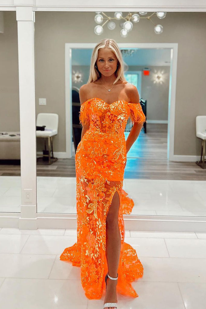 Orange Mermaid Sequin Lace Long Prom Dresses with Detachable Shoulder ...