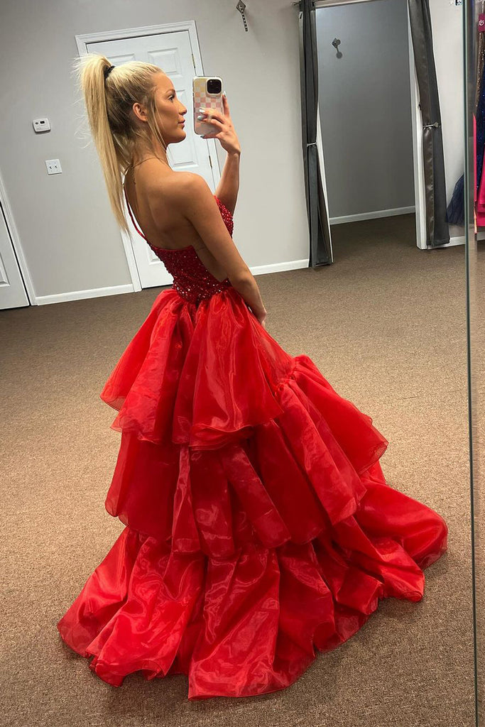 Red One Shoulder Sequins Mermaid Long Prom Dresses With Slit Vk24020403