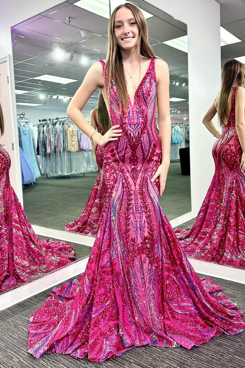 Grape V Neck Sequin Lace Mermaid Long Prom Dresses VK23121707 – Vickidress
