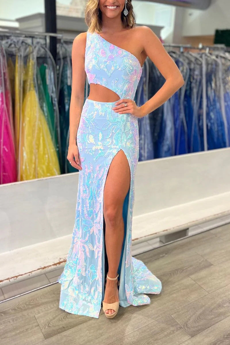Sparkly One Shoulder Mermaid Sequins Lace Prom Dresses with Slit ...