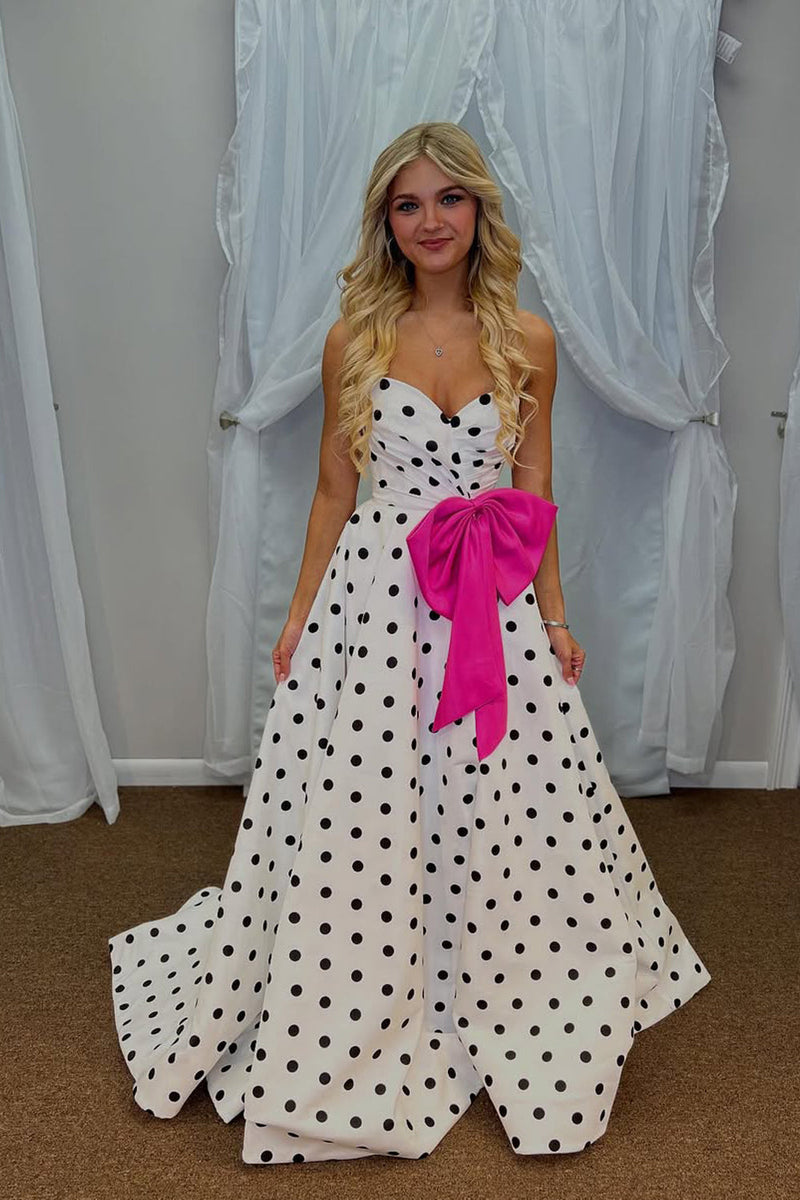 New Arrvial Sweetheart White Black Dot Satin Long Prom Dress with Bow ...