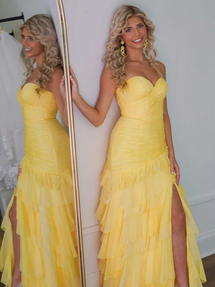 Cute Sweetheart Yellow Ruffle Chiffon Prom Dress with Slit – Vickidress