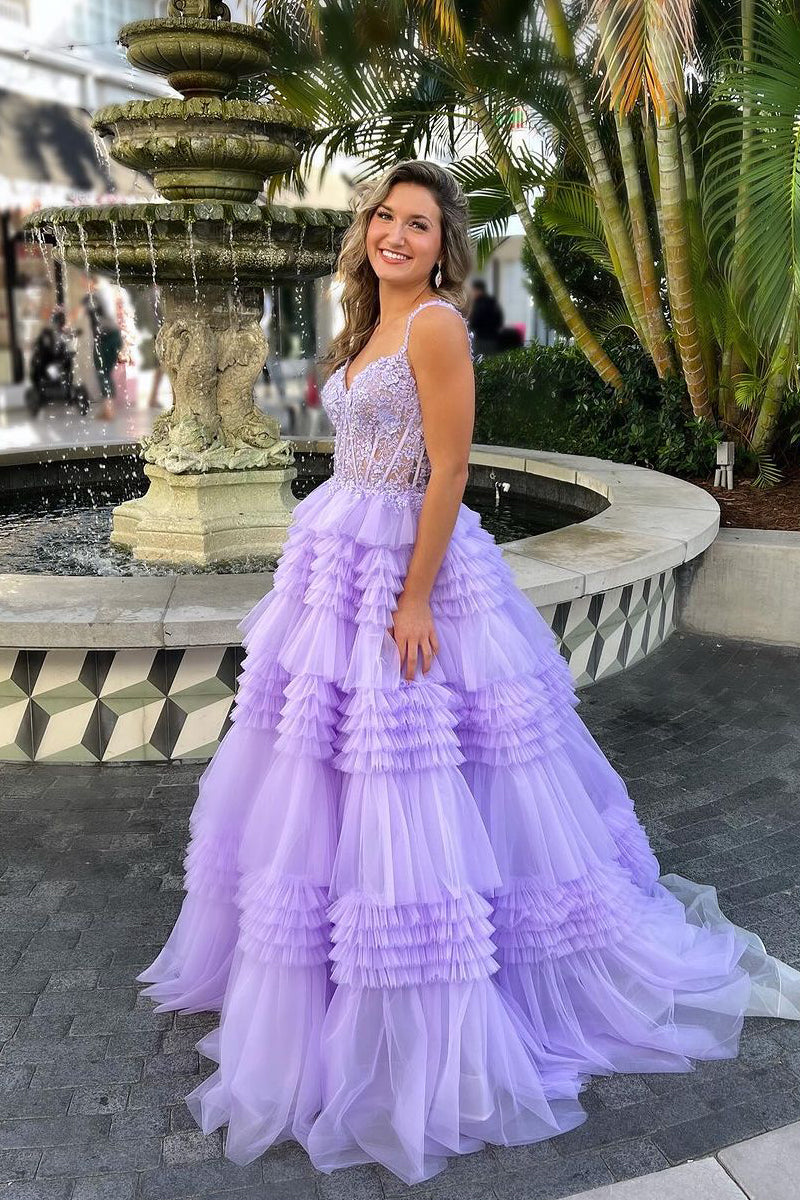 Lilac Sweetheart Ruffle Tiered Tulle A-Line Long Prom Dress VK23121606 ...