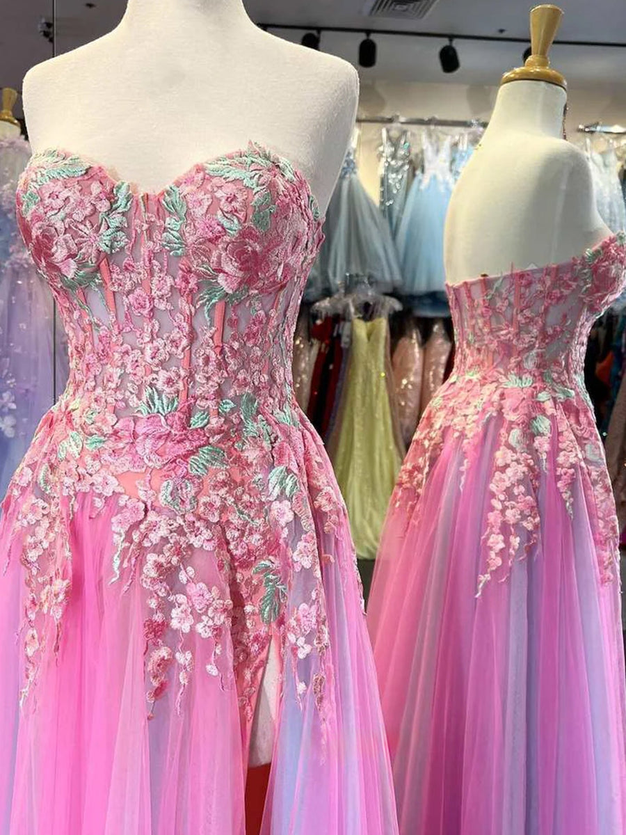 Cute A Line Sweetheart Colorful Tulle Slit Prom Dress with Appliques ...