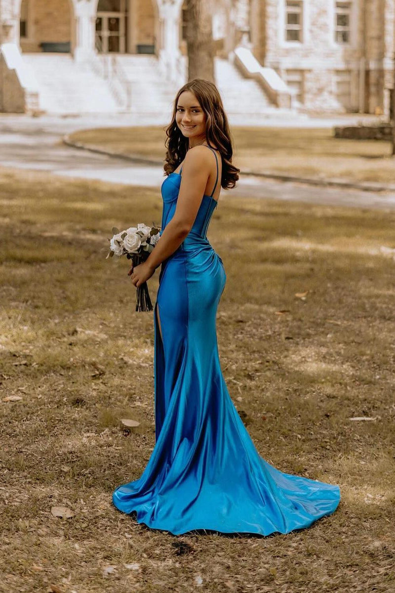 Charming Mermaid Sweetheart Royal Blue Satin Slit Prom Dress – Vickidress