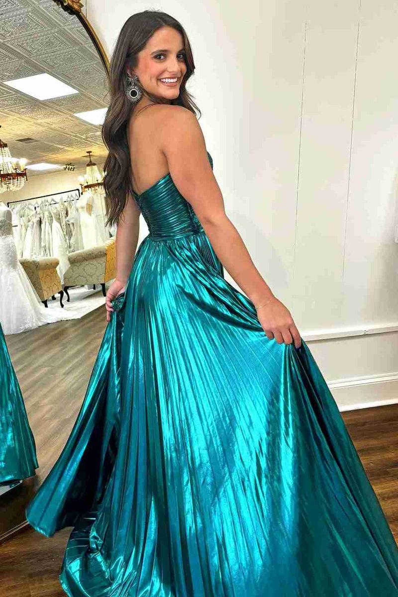 Charming A Line Jade Sweetheart Pleated Metallic Satin Prom Dresses ...